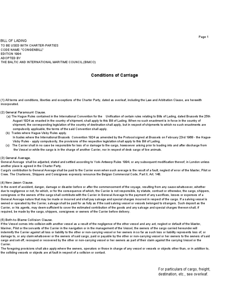 BL Congenbill 1994 | PDF | Cargo | Bill Of Lading