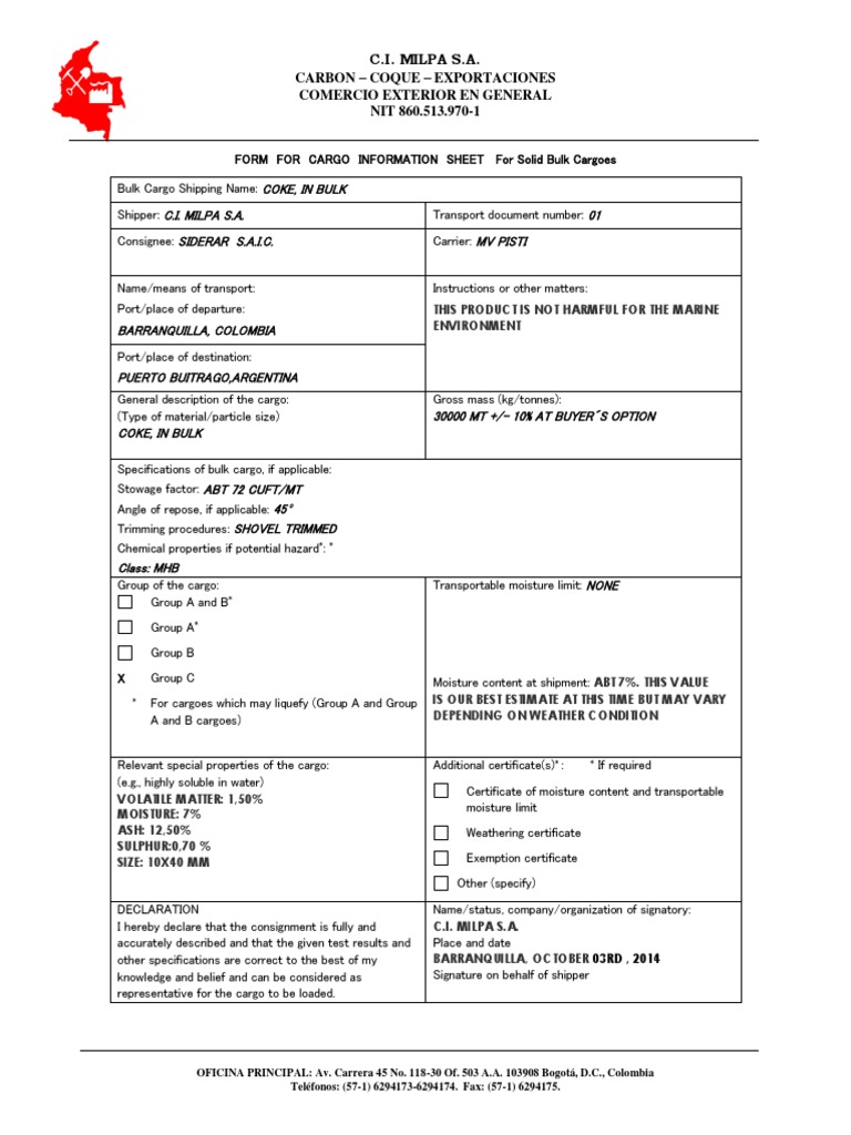 FORM For Solid Bulk Cargoes | PDF | Cargo | Physical Sciences