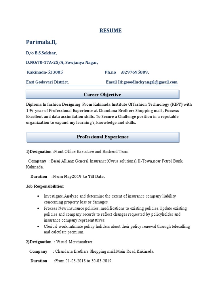 Resume Parimala.B,: Career Objective | PDF | Insurance | Business