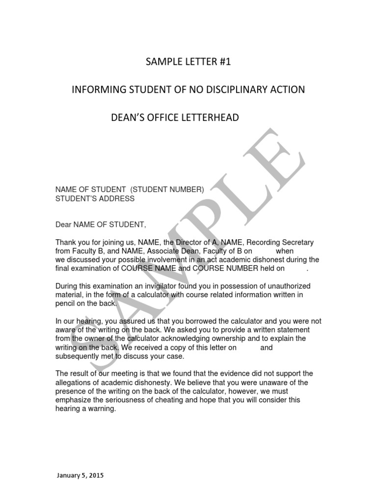 Sample Letter #1 Informing Student of No Disciplinary Action Dean'S ...