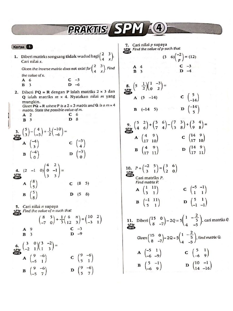 Soalan Bab 4 Matriks SPM | PDF