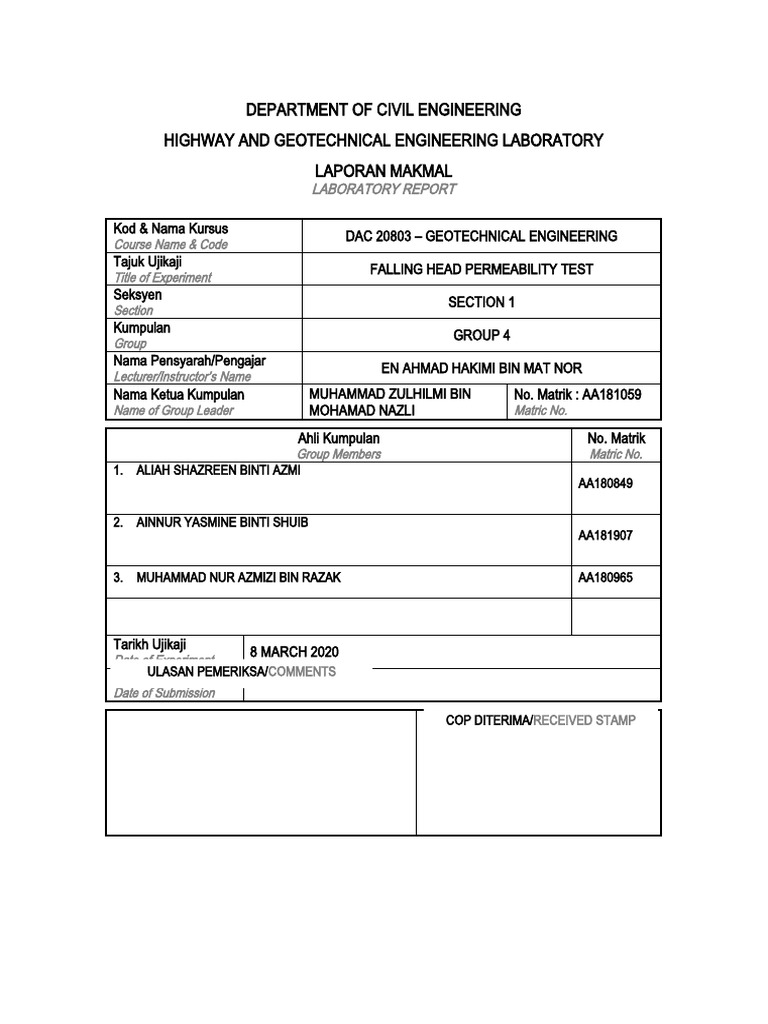 Falling Head Permeability Lab Report | PDF | Permeability (Earth ...
