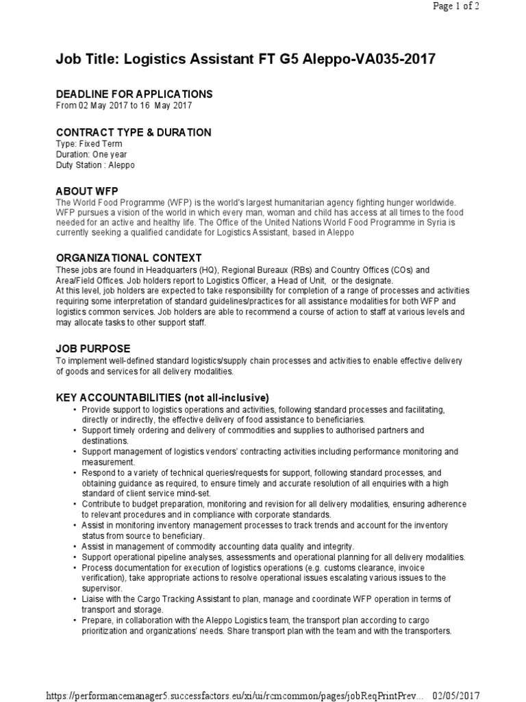 Job Title: Logistics Assistant FT G5 Aleppo-VA035-2017 | Download Free ...