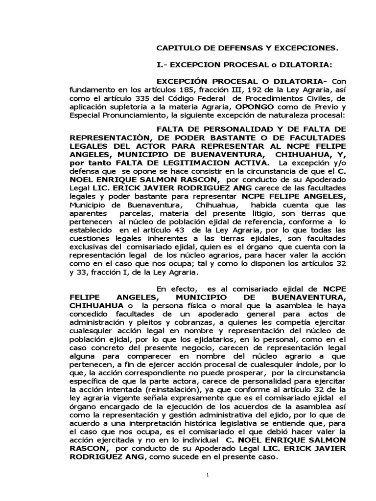 Excepcion Dilatoria Falta de Personalidad | PDF | Sentencia (ley) | Ley procesal