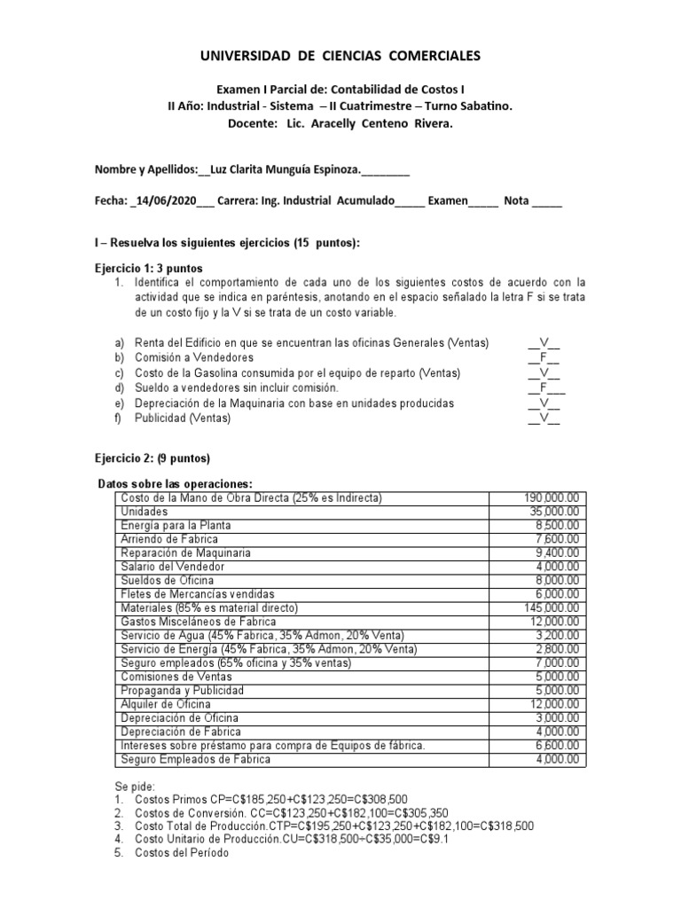 Examen I Parcial - Contabilidad de Costos I | PDF | Costo | Negocios económicos
