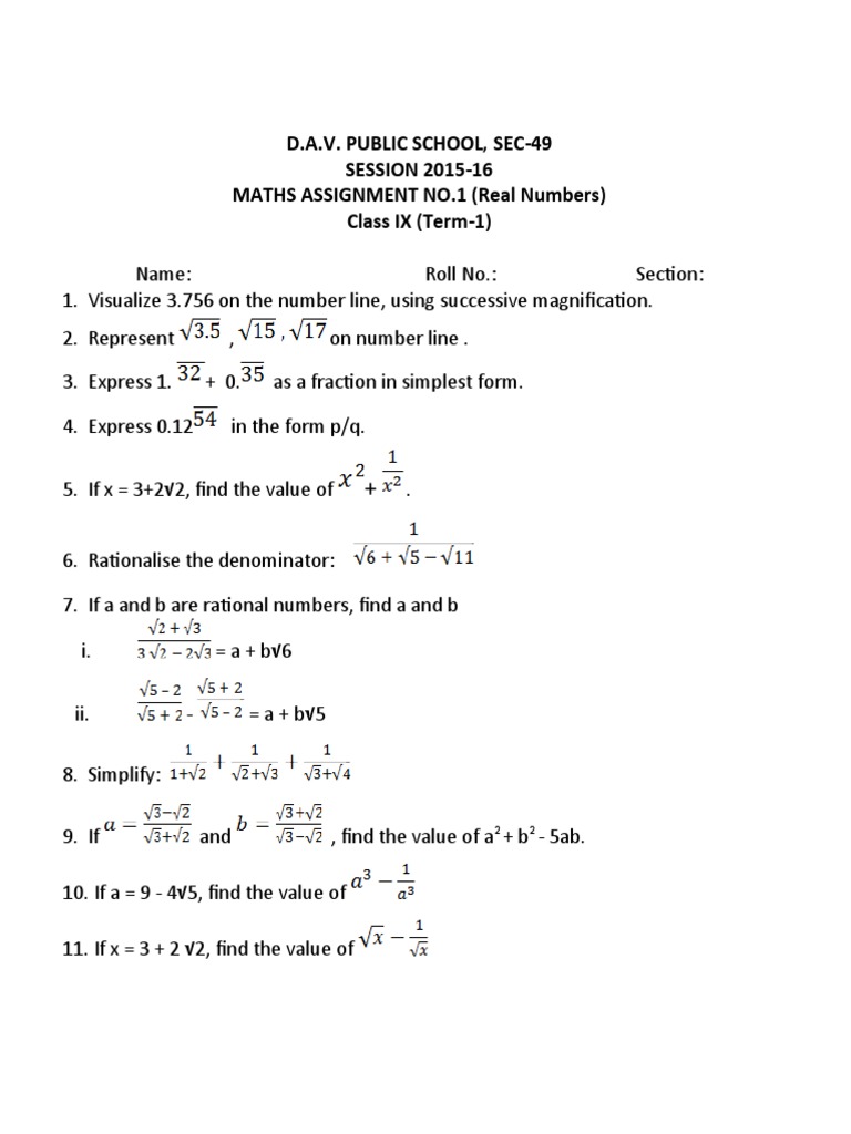 D.A.V. Public School, Sec-49 SESSION 2015-16 MATHS ASSIGNMENT NO.1 ...