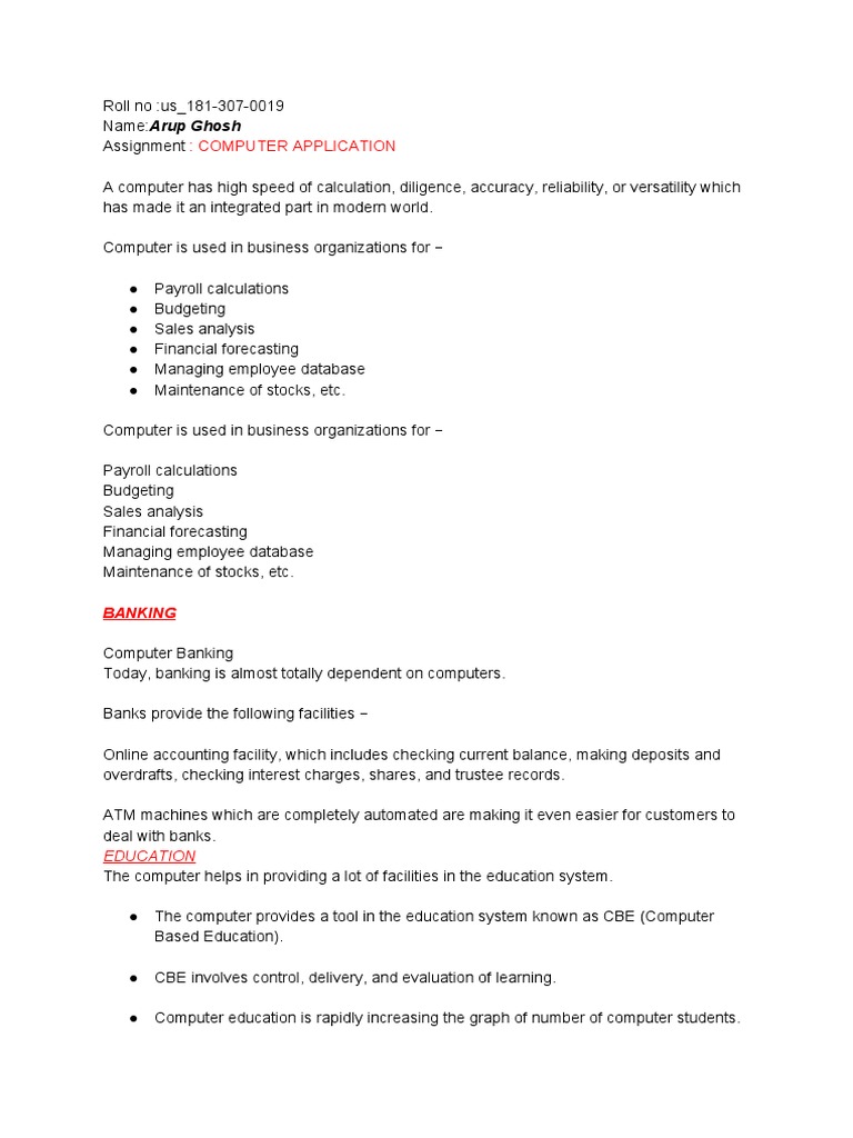 Arup Ghosh - Assignment 1, Computer Applications | PDF