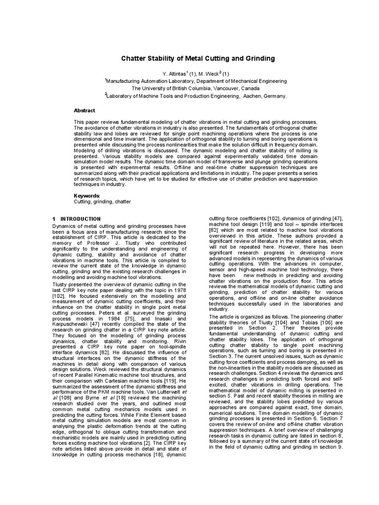 Chatter Stability of Metal Cutting and Grinding: Al (108) and Byrne Et ...