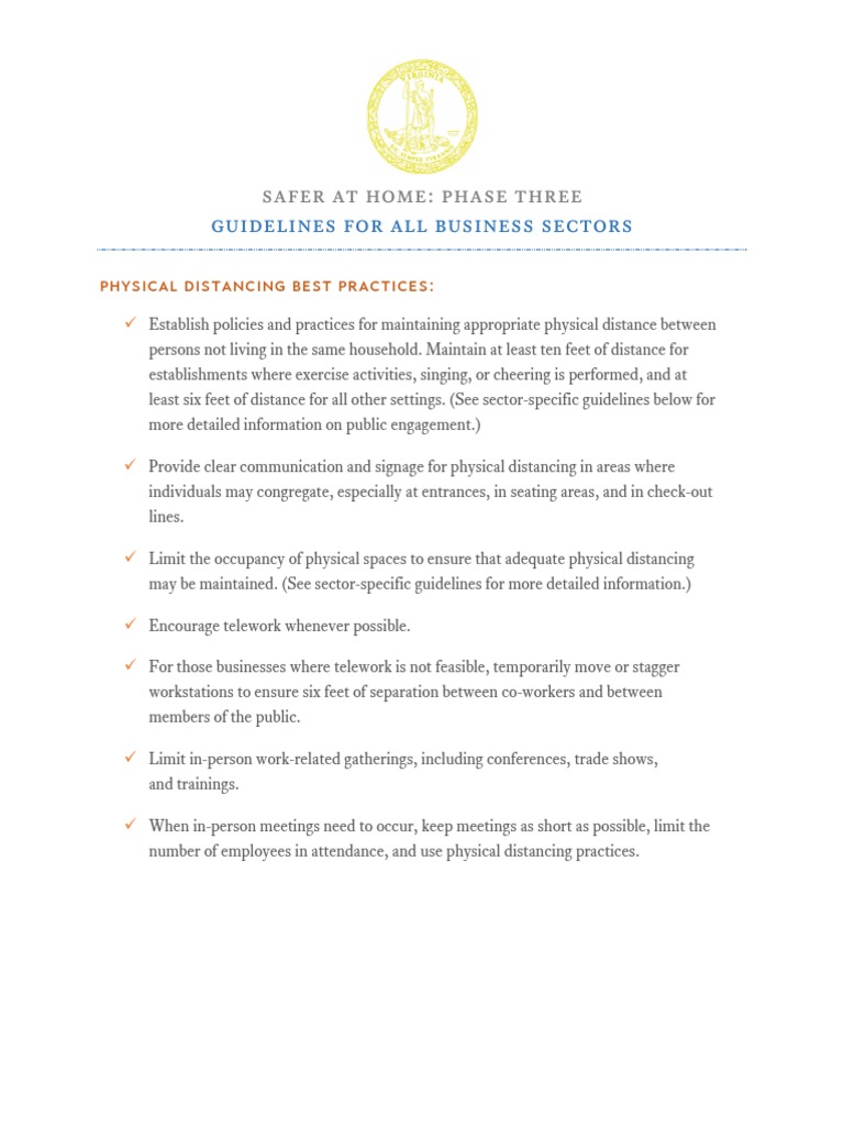 Virginia Forward Phase Three Guidelines | PDF | Employment | Hand Washing