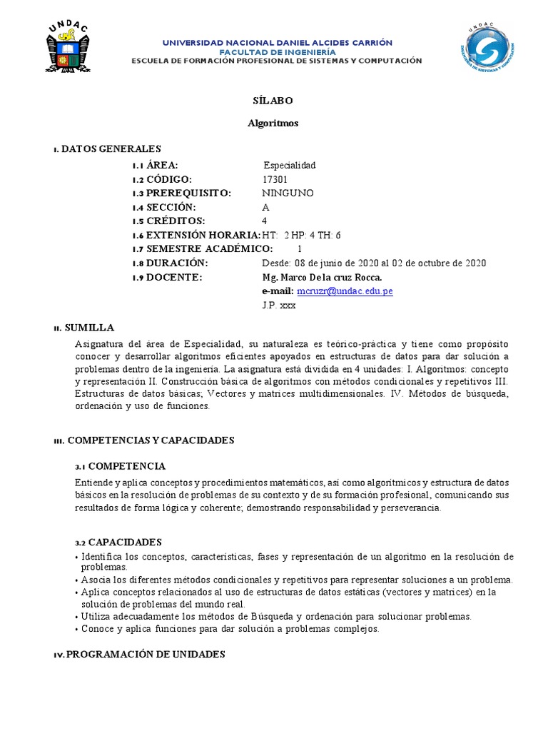 SILABO - Algoritmo 2020 - A | PDF | Algoritmos | Matriz (Matemáticas)