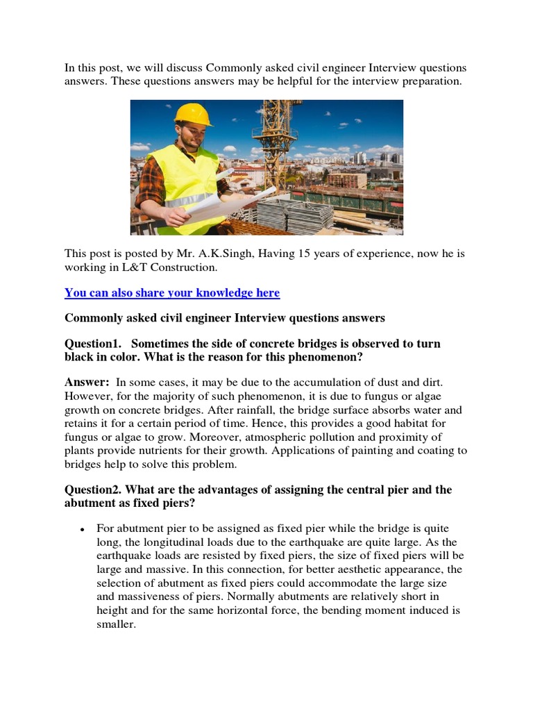 Commonly Asked Civil Engineer Interview Questions Answers PDF | PDF ...
