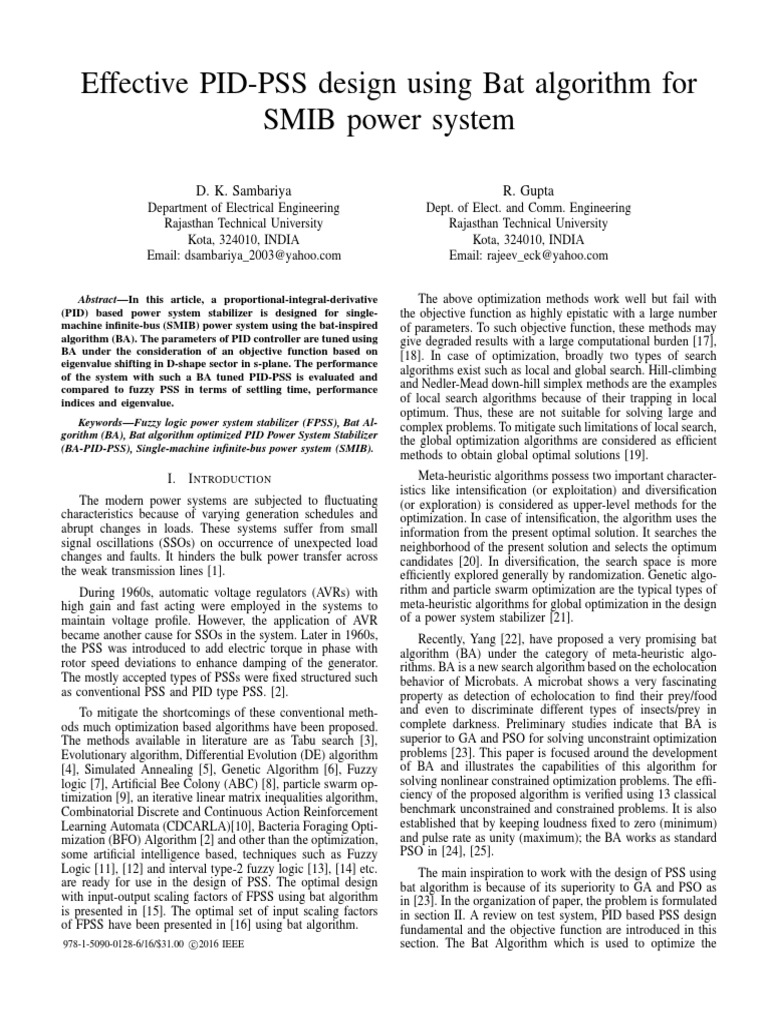 Effective PID-PSS Design Using Bat Algorithm For SMIB Power System | PDF | Control Theory ...