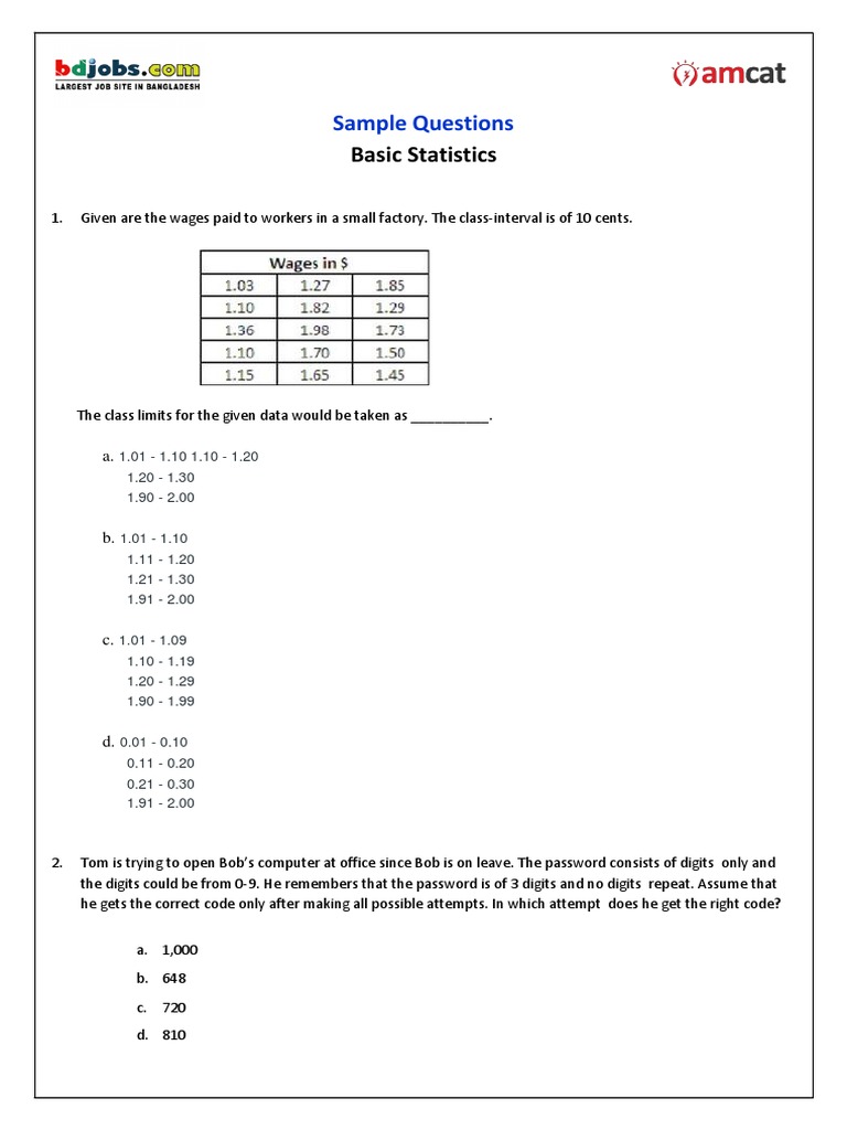 Sample Questions: Basic Statistics | PDF | Median | Mean