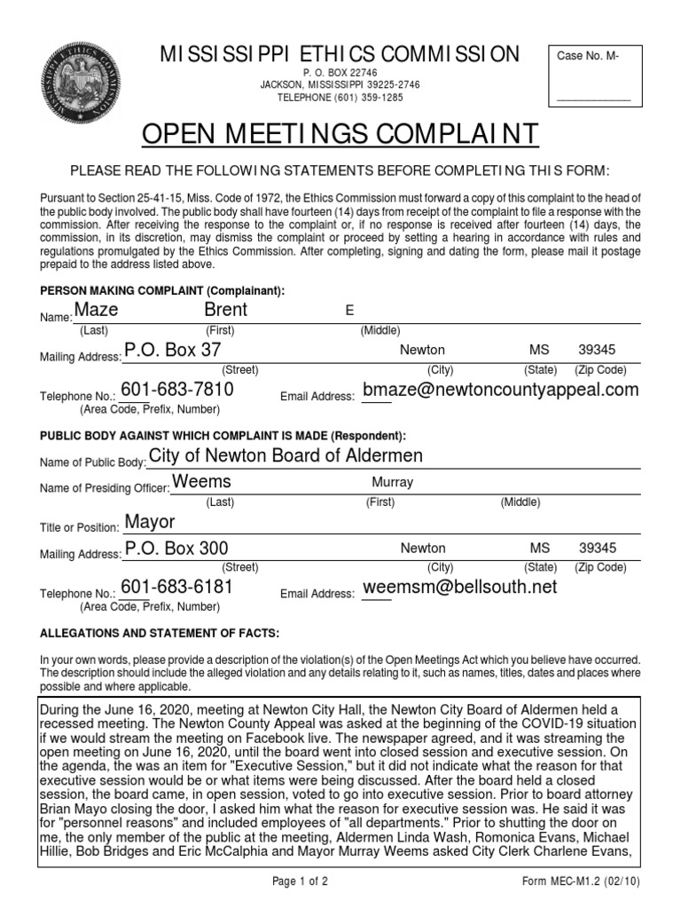 Open Meetings Complaint: Mississippi Ethics Commission | PDF ...