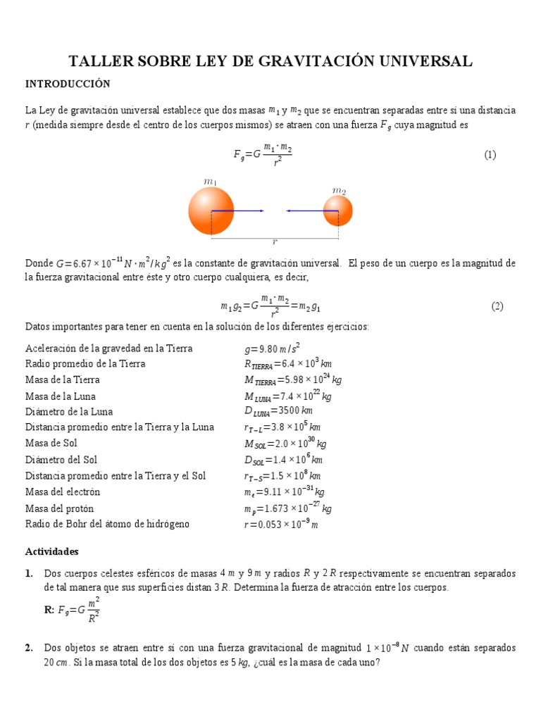 Hoja De Trabajo Sobre La Ley De La Gravitación Universal