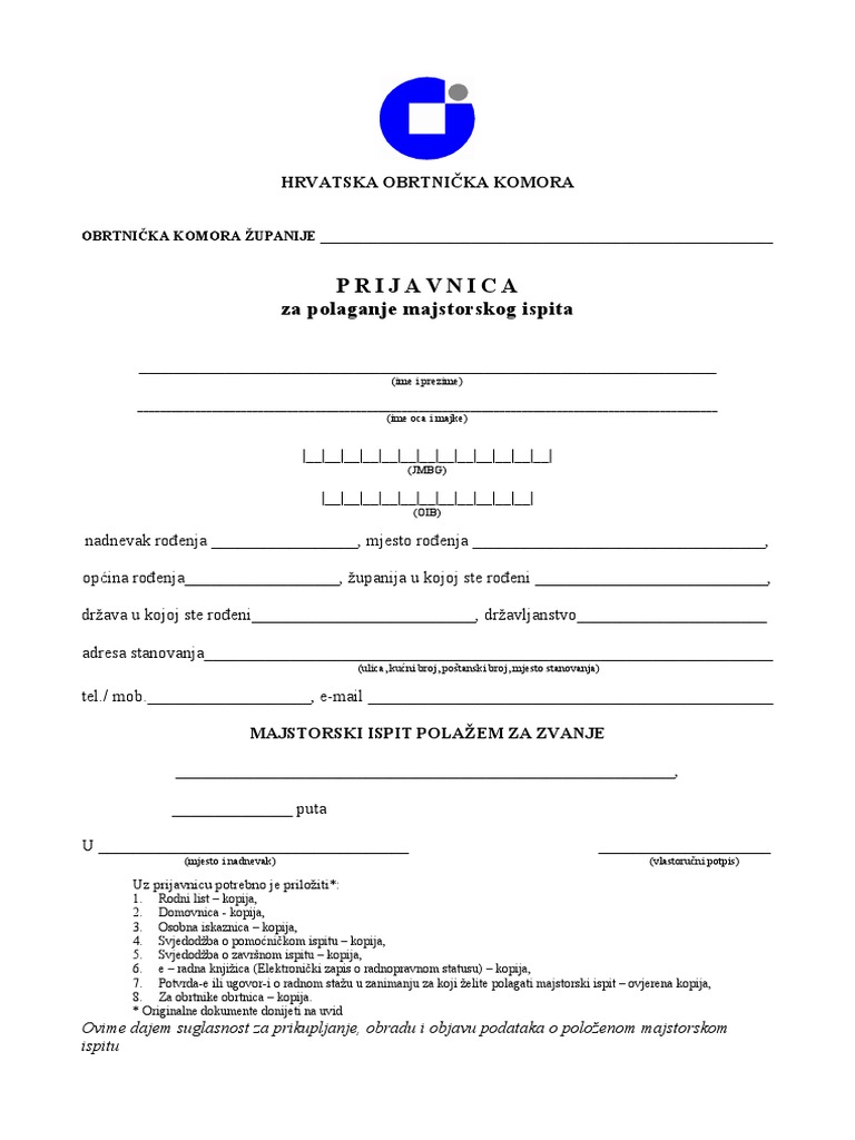 Prijavnica Za Polaganje Majstorskog Ispita-W | PDF