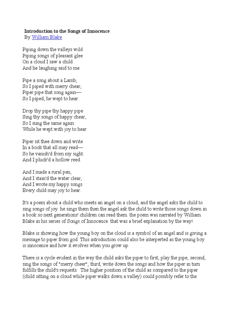 Introduction To The Songs of Innocence | PDF | William Blake