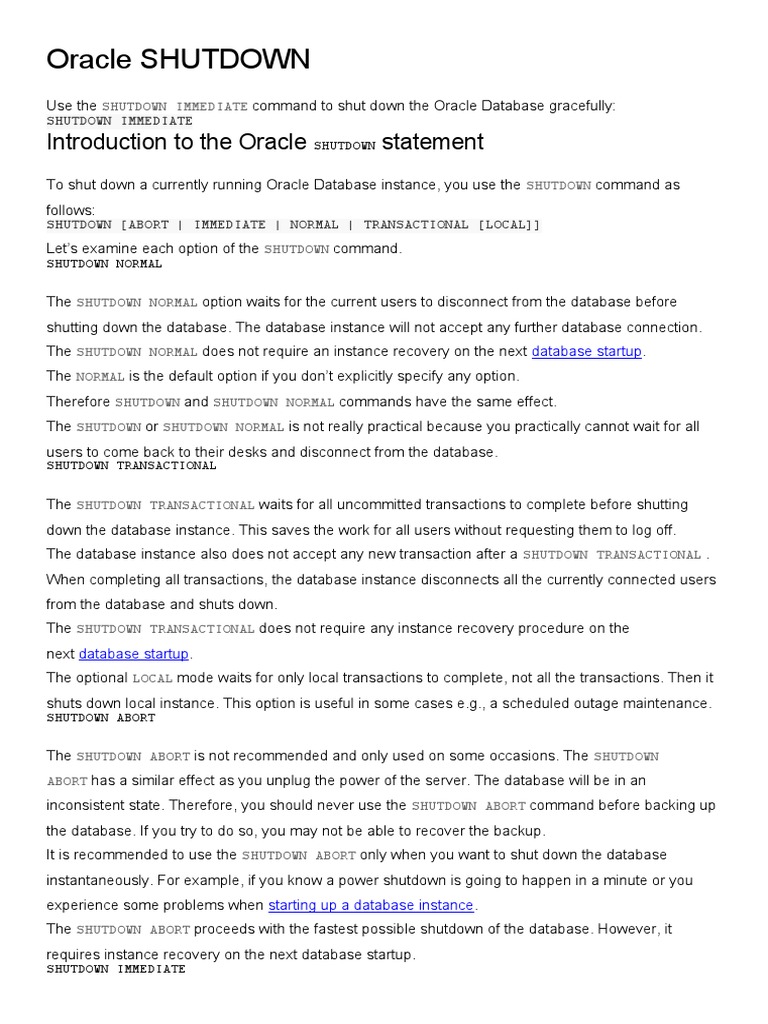 Oracle SHUTDOWN: Introduction To The Oracle Statement | Download Free PDF | Database Transaction ...