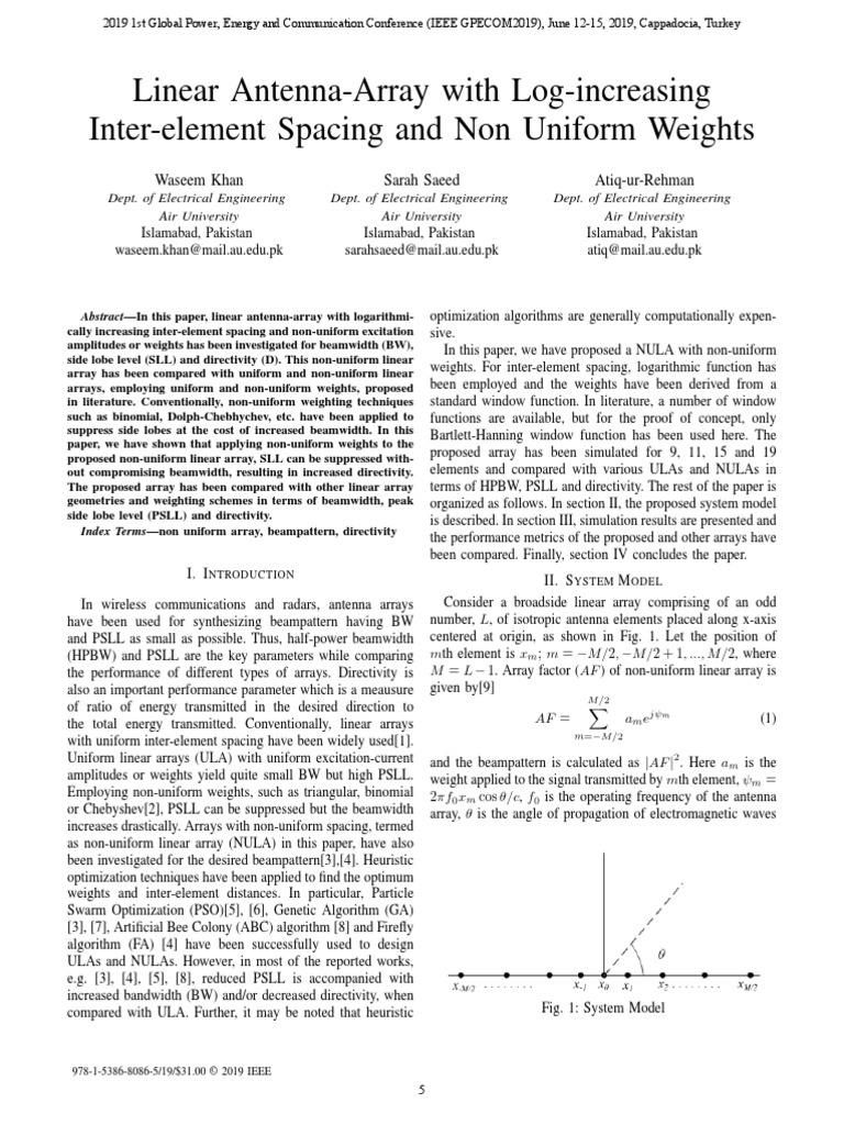 Linear Antenna-Array With Log-Increasing Inter-Element Spacing and Non Uniform Weights | PDF ...