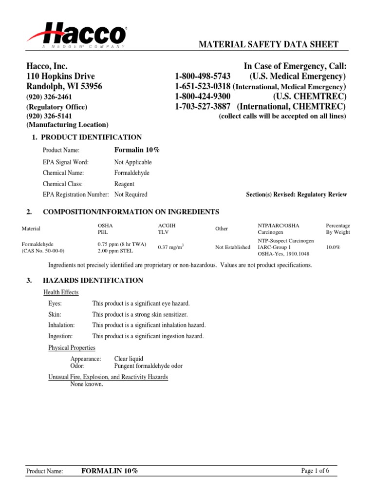 MSDS Formalin 10 (Not Registered) 03-10 | PDF | Dangerous Goods ...