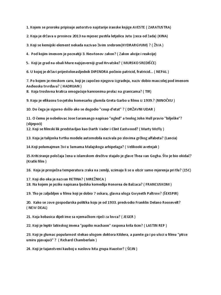 Kviz Pitanja Potjera | PDF