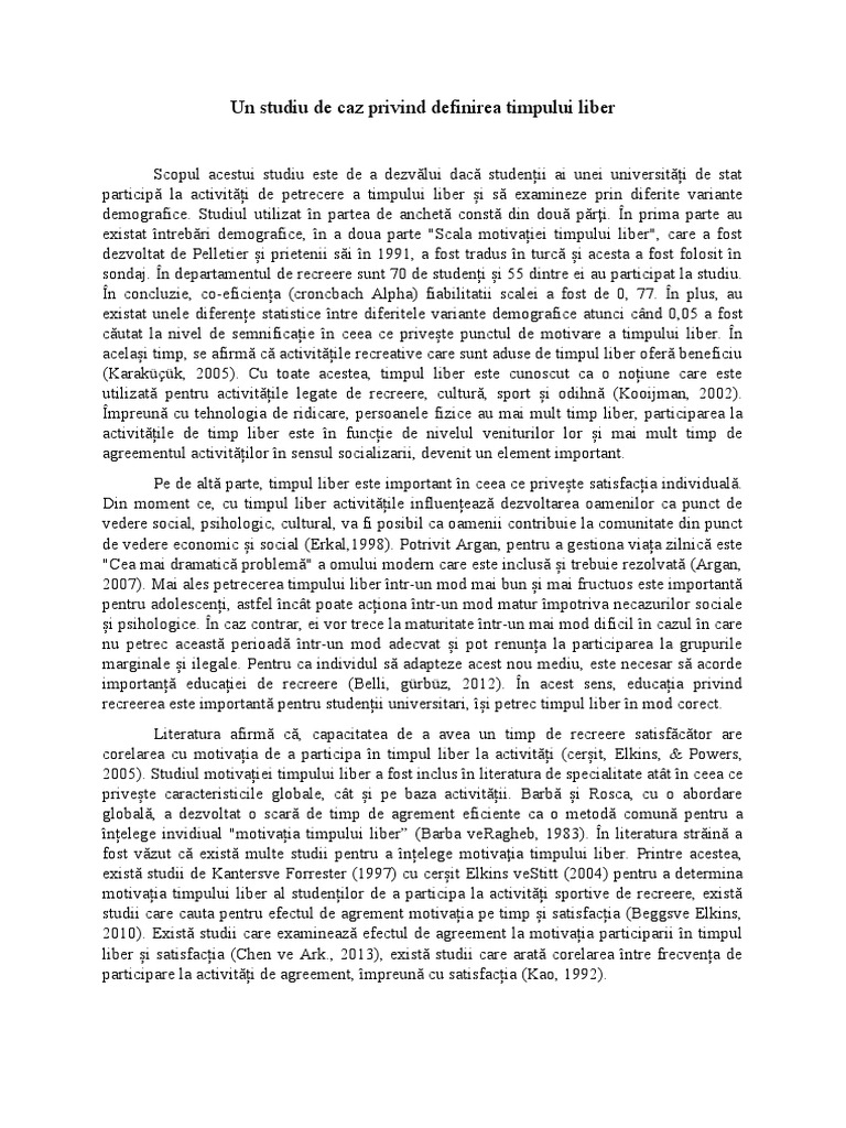 Un Studiu de Caz Privind Definirea Timpului Liber Motivația de Recreere ...