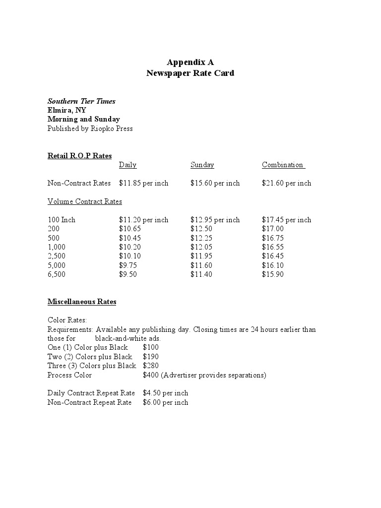 Appendix A Newspaper Rate Card: Southern Tier Times | PDF | United ...