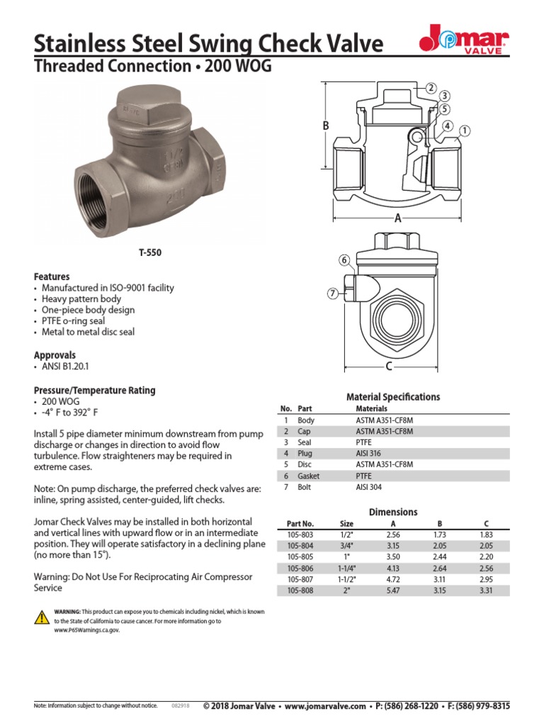 Stainless Steel Swing Check Valve: Threaded Connection - 200 WOG | PDF ...