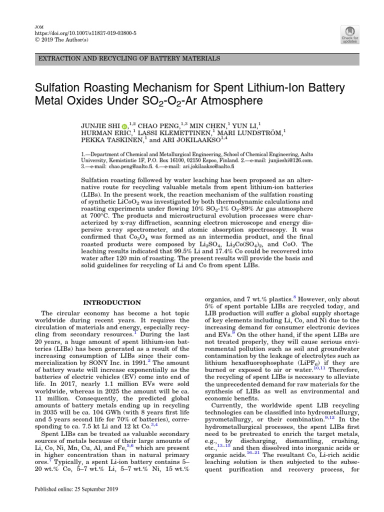 Sulfation Roasting Mechanism For Spent Lithium-Ion | PDF | Energy ...