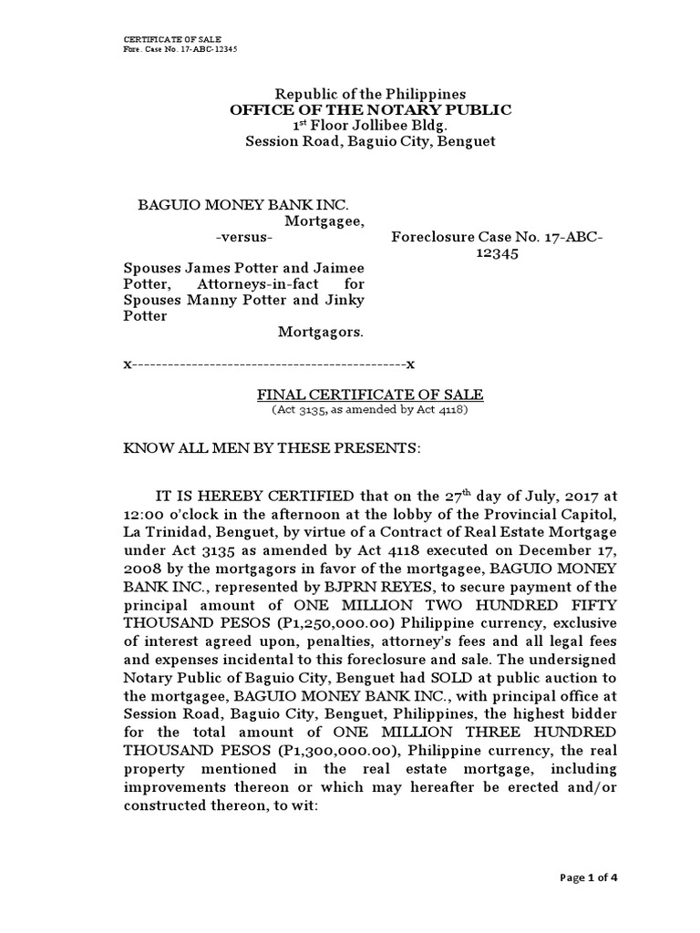 Final Certificate of Sale Documenting the Foreclosure and Auction of a ...