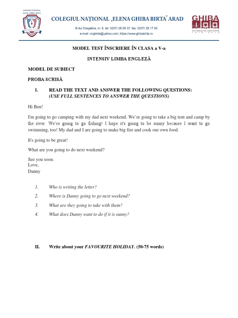 Model Test Înscriere În Clasa A V-A Intensiv Limba Engleză Model de ...