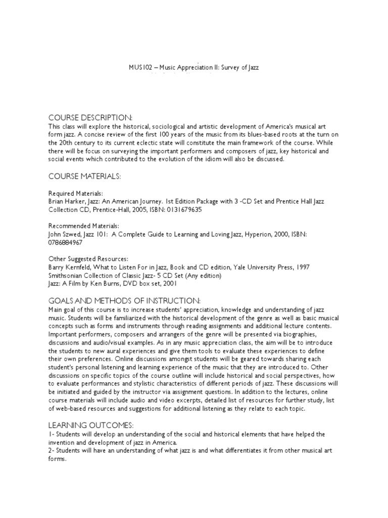 Fall Survey of Jazz Syllabus | PDF | Jazz | Popular Music