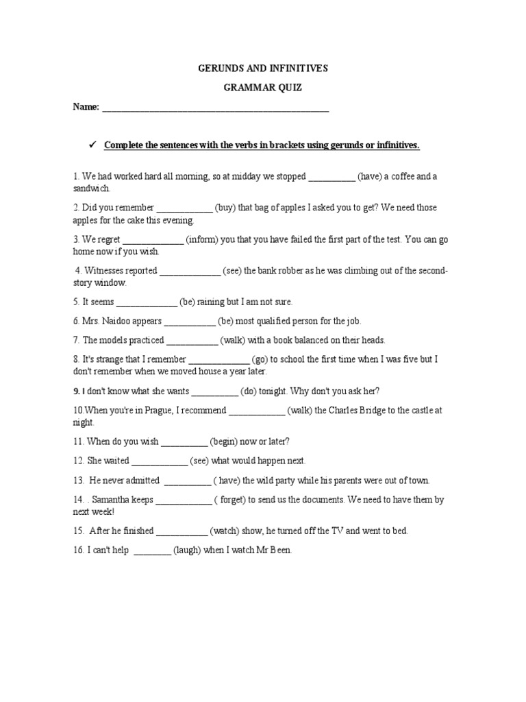Gerunds and Infinitives Grammar Quiz Name | PDF