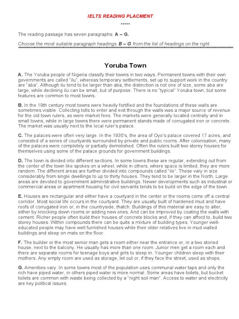 Yoruba Town: Choose The Most Suitable Paragraph Headings B - G From The ...