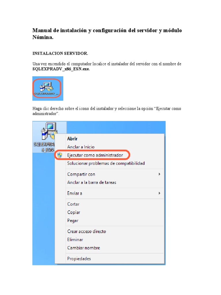 Manual de Instalacion y Configuracion - Servidor y Modulo Nomina | PDF | Servidor SQL de ...