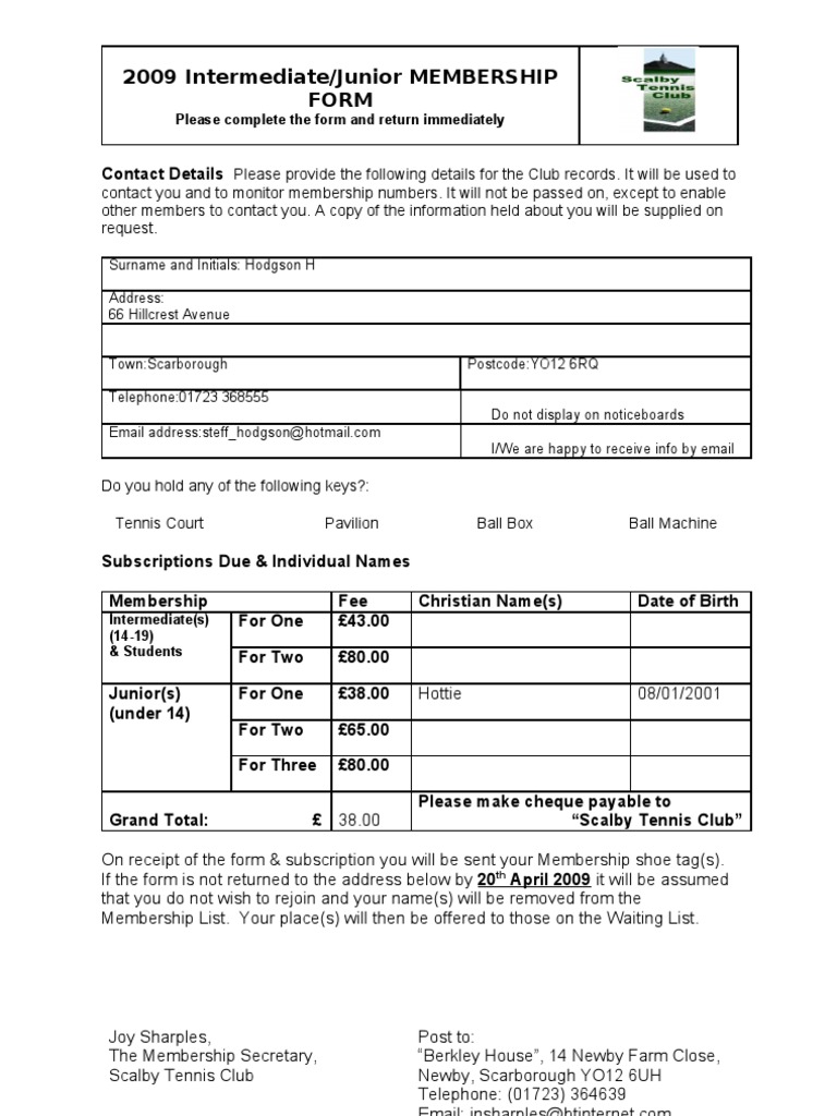 2009 Scalby Tennis Club Membership Form | PDF