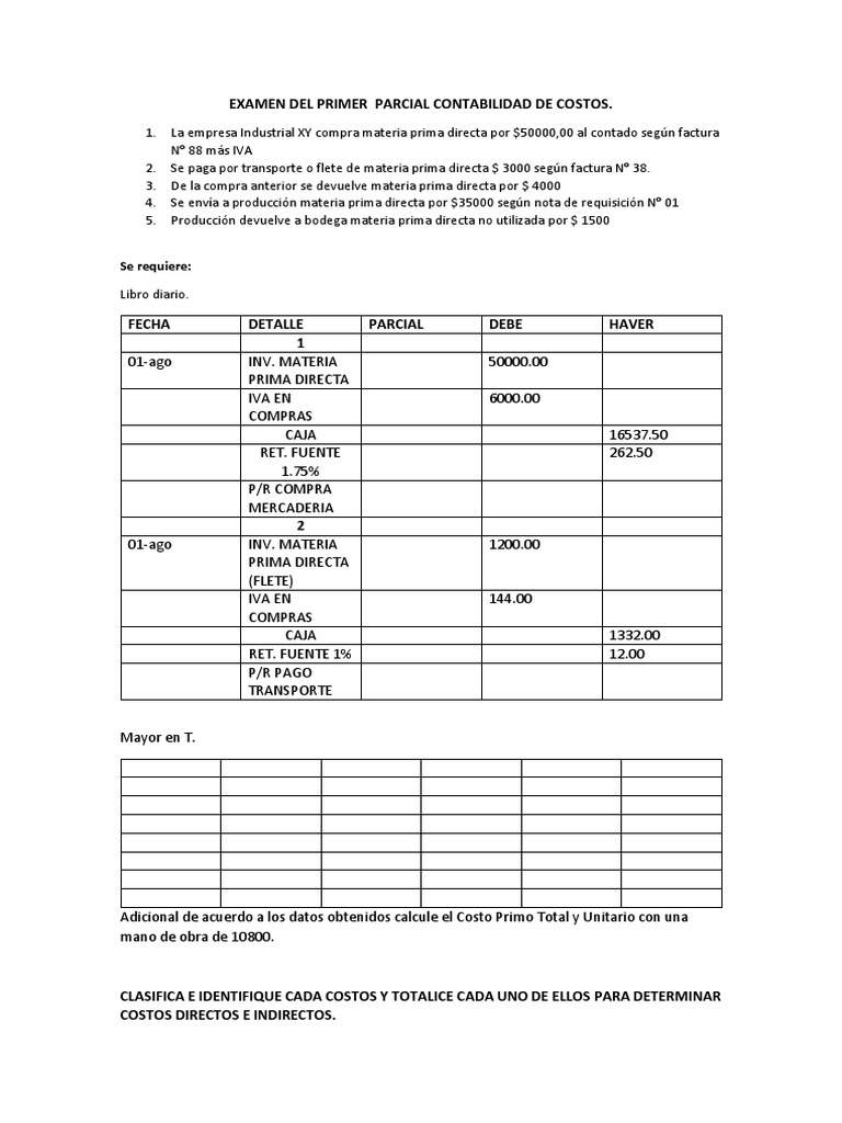 Examen Del Primer Parcial Contabilidad de Costos2 | PDF | Naturaleza | Economias