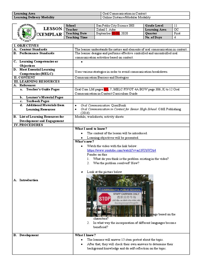 MELCs in Oral Communication Lesson Plan | PDF | Neuropsychology | Learning