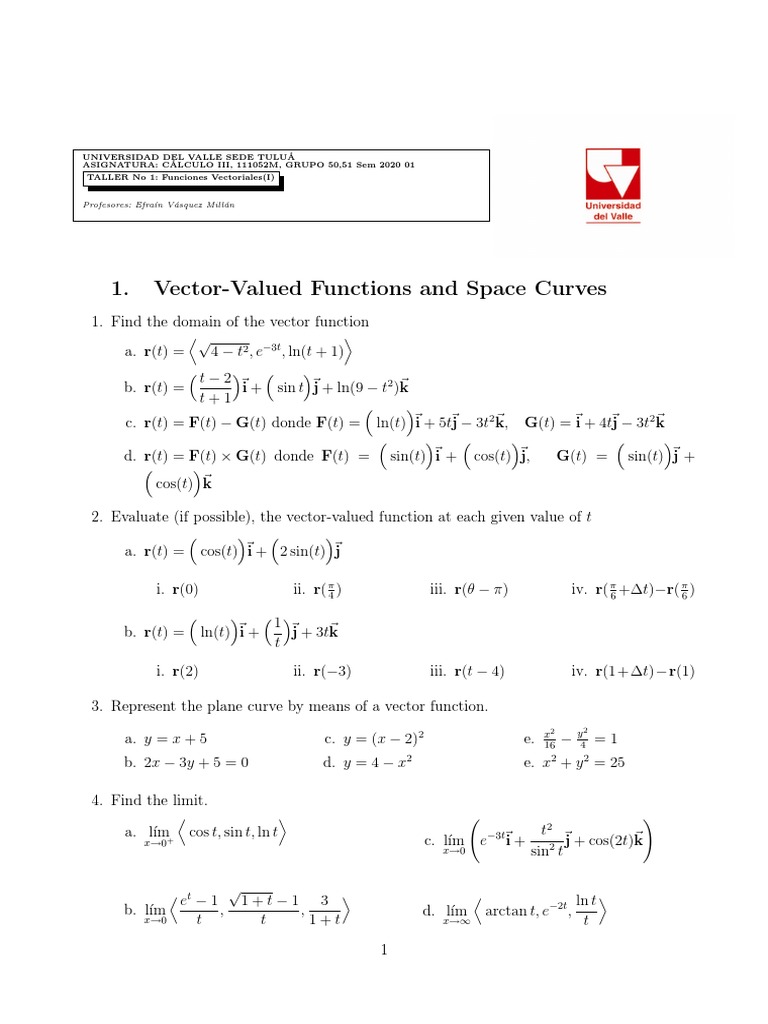 Vector-Valued Functions Workshop | PDF | Function (Mathematics) | Derivative