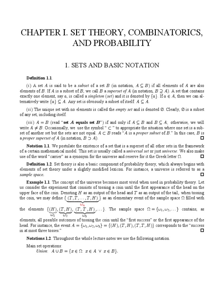 Chapter I. Set Theory, Combinatorics, and Probability: 1. Sets and Basic Notation | PDF ...