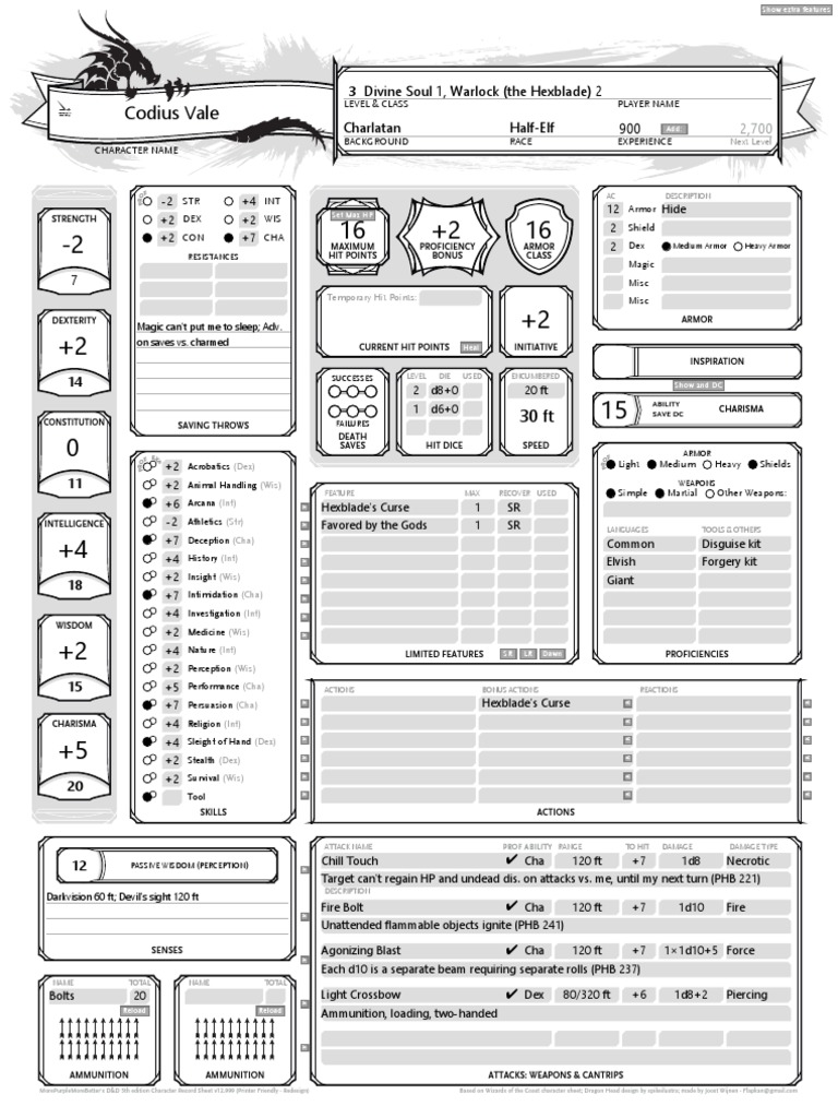 Half-Elf Hexblade Character Sheet | PDF | D20 System | Wizards Of The Coast