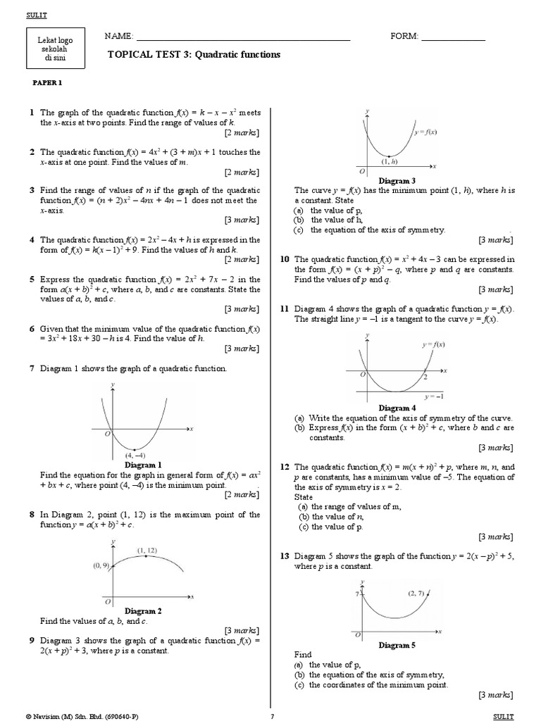 Add Maths F4 Topical Test 3 (E) | PDF | Quadratic Equation | Function ...