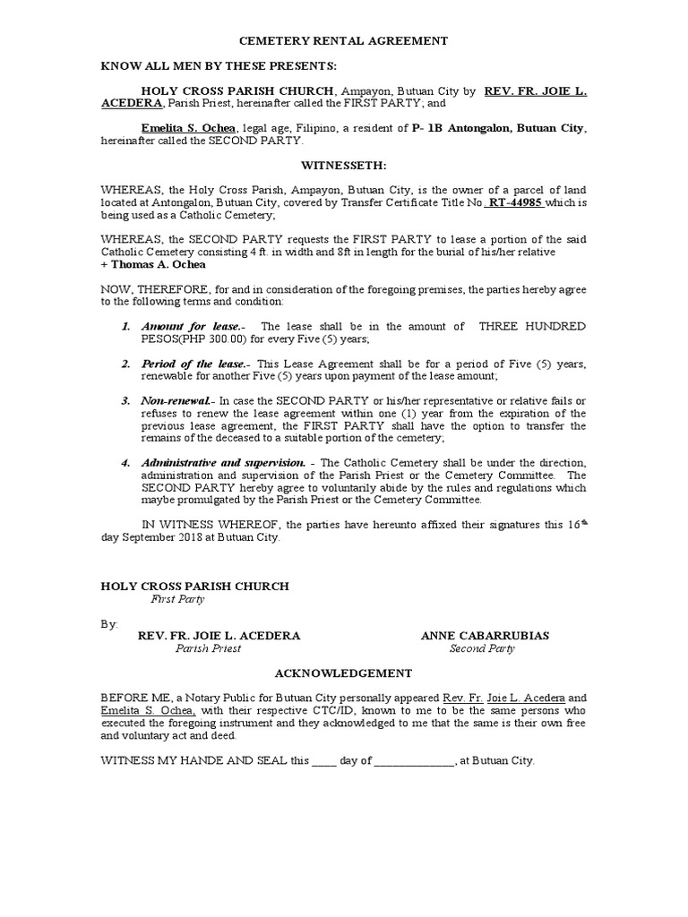 Cemetery Rental Agreement | PDF | Lease | Civil Law (Common Law)
