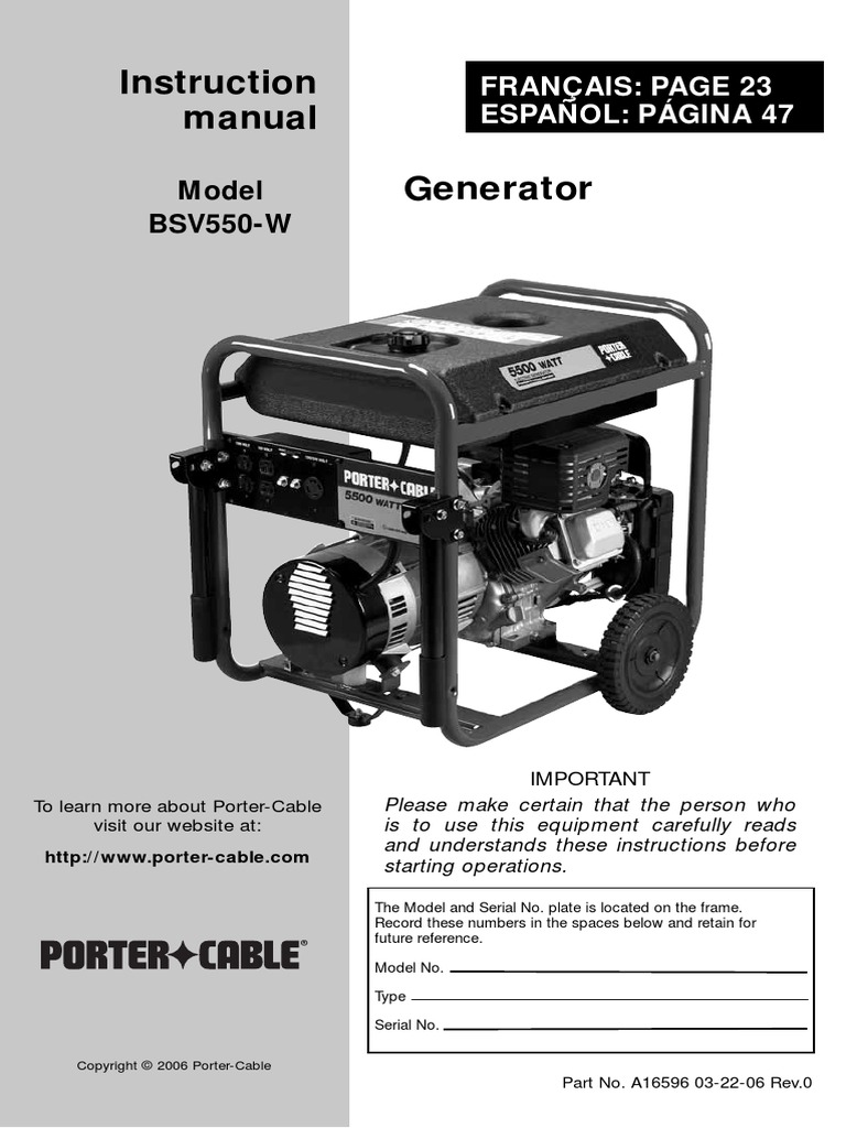 Instruction Manual Generator: Model BSV550-W | PDF | Electric Power ...