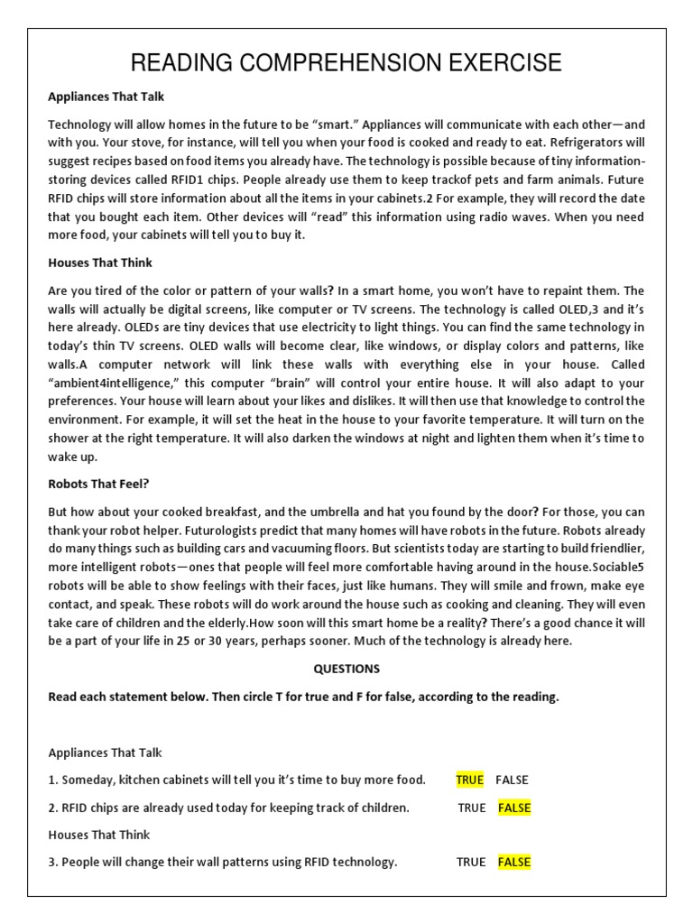 Reading Comprehension Exercise: Appliances That Talk | PDF | Television ...