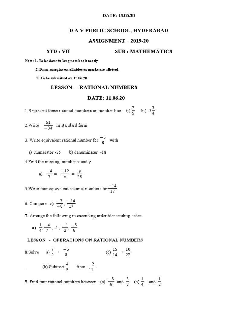 Maths Class7 - Assignment-1 | PDF | Fraction (Mathematics) | Numbers