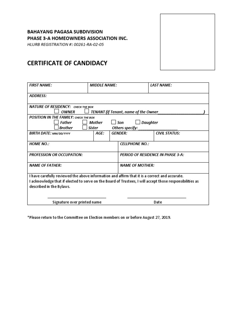 Certificate of Candidacy: Bahayang Pagasa Subdivision Phase 3-A ...
