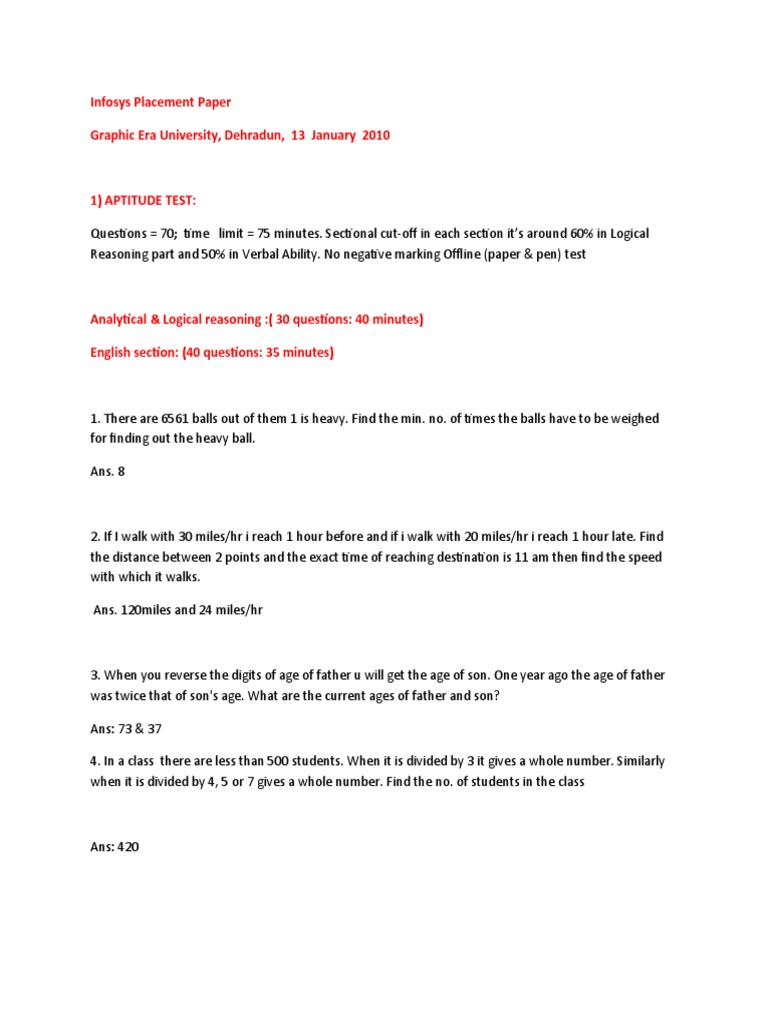 Infosys Placement Sample Paper 1 | PDF