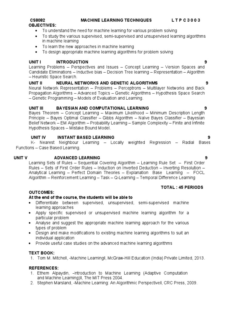 CS8082 MLT 2017 Syllabus | PDF | Machine Learning | Algorithms