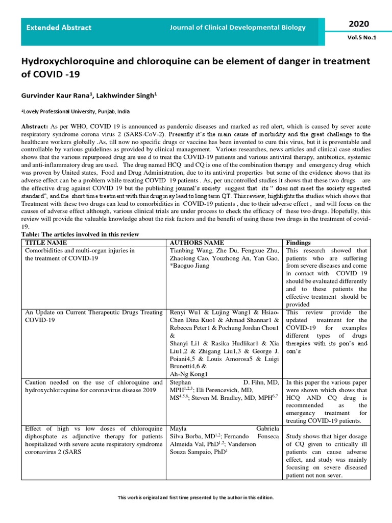 Hydroxychloroquine and Chloroquine Can Be Element of Danger in ...